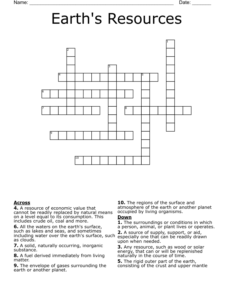 Earth's Resources Crossword - WordMint