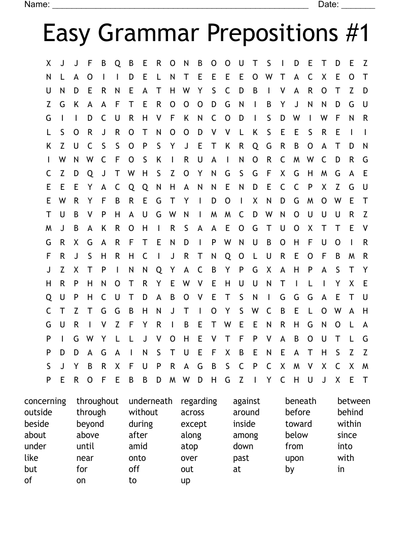 Easy Grammar Prepositions 1 Word Search WordMint