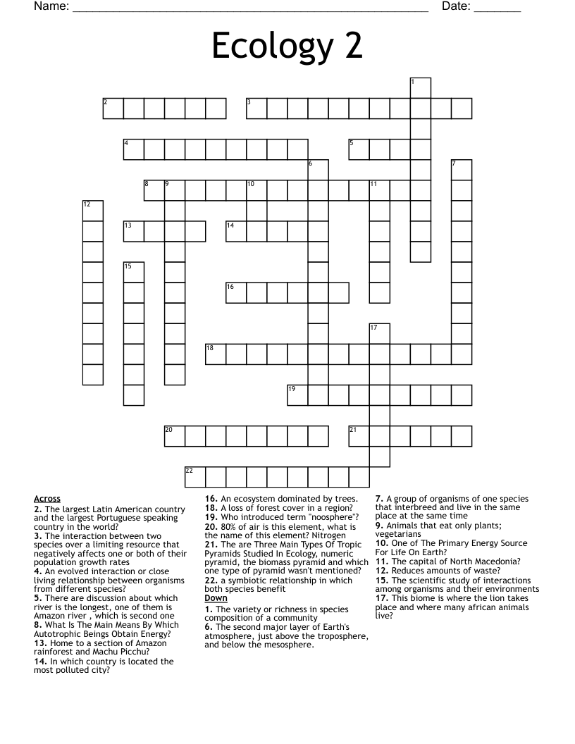 Ecology 2 Crossword - WordMint