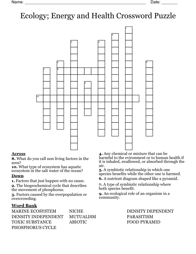 Ecology; Energy and Health Crossword Puzzle - WordMint