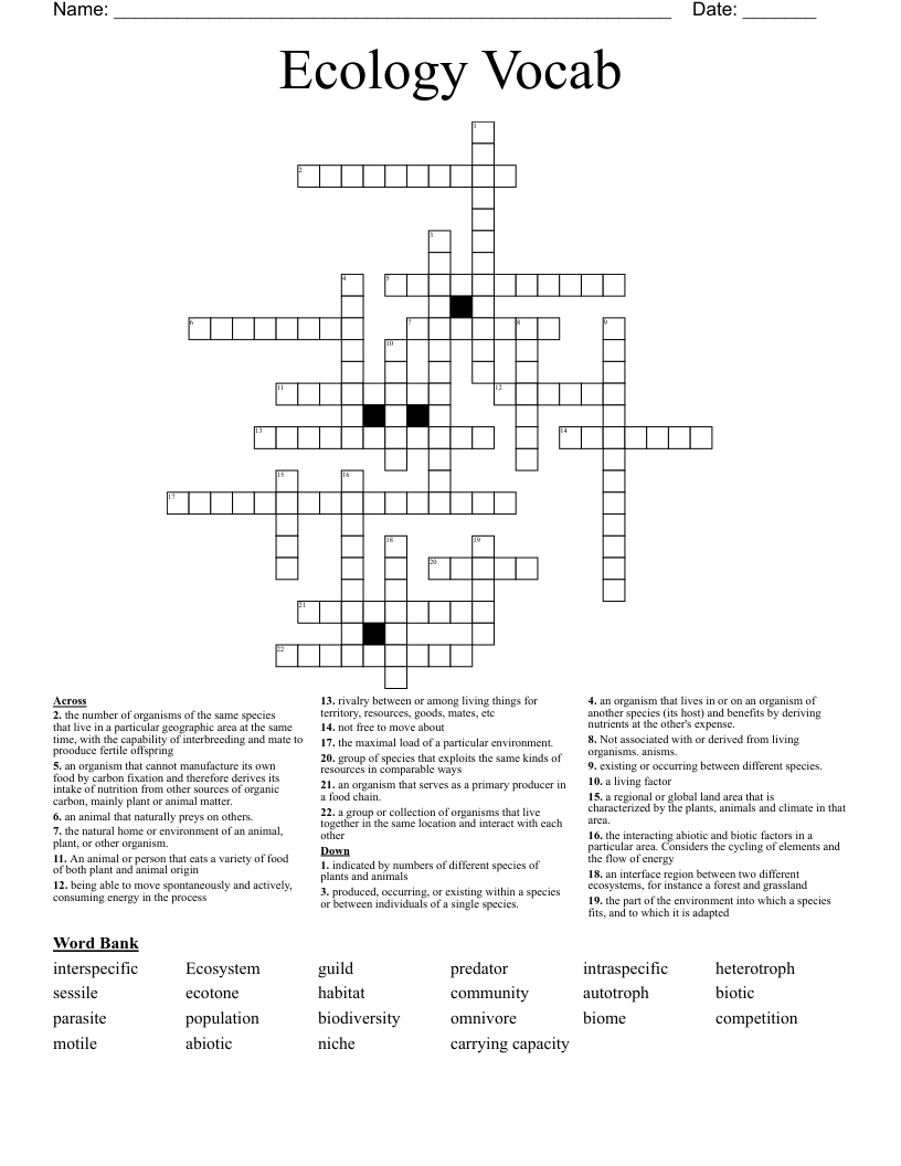 Ecology Vocab Crossword - WordMint