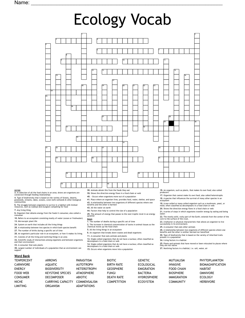 Ecology Vocab Crossword - WordMint