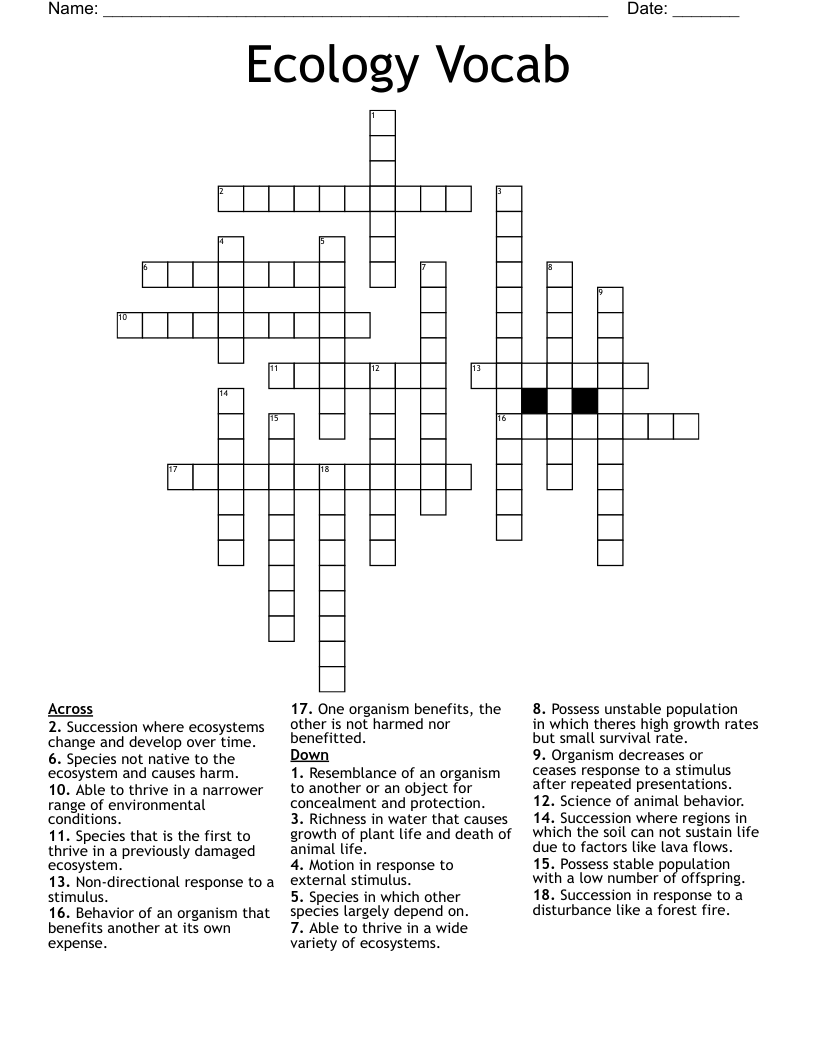 Ecology Vocab Crossword - WordMint
