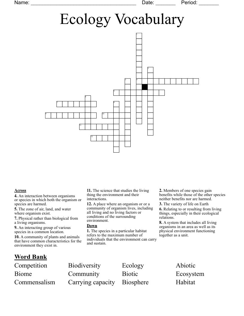Ecology Vocabulary Crossword - WordMint