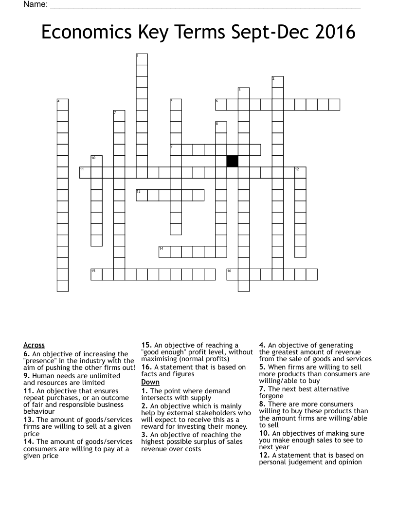 Economics Key Terms Sept-Dec 2016 Crossword - WordMint
