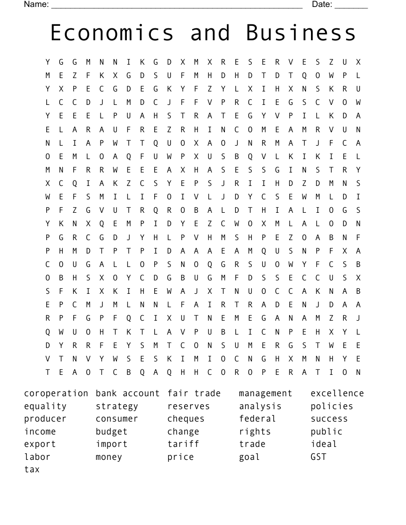 Business and Economics Word Search - WordMint