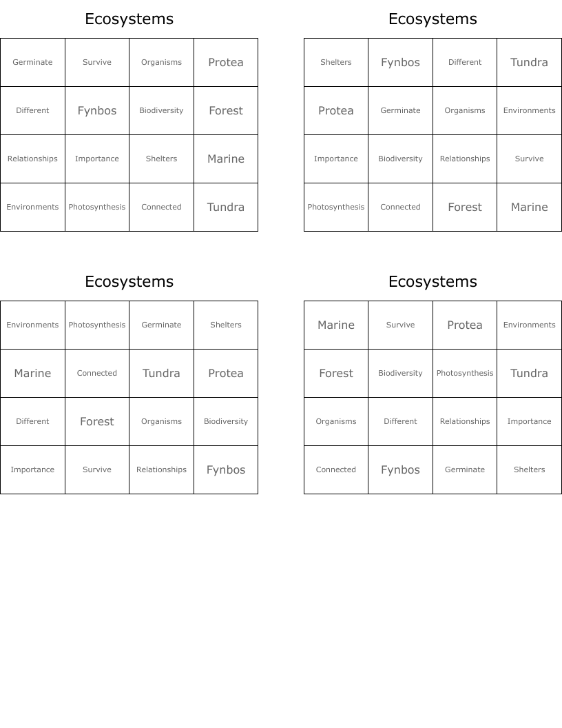 Ecosystems Bingo Cards - WordMint
