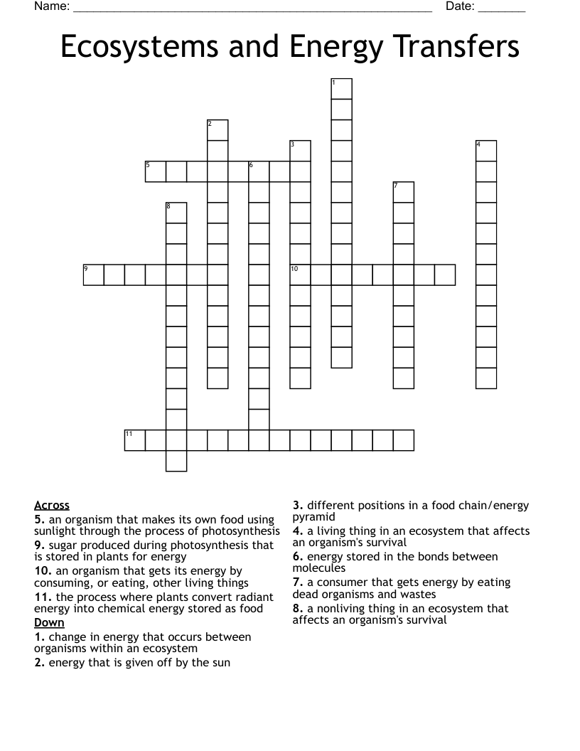Ecosystems and Energy Transfers Crossword - WordMint