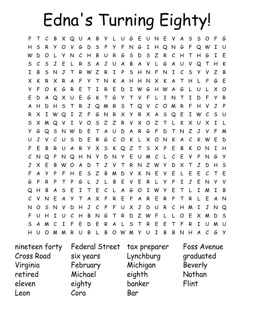 Edna's Turning Eighty! Word Search - WordMint