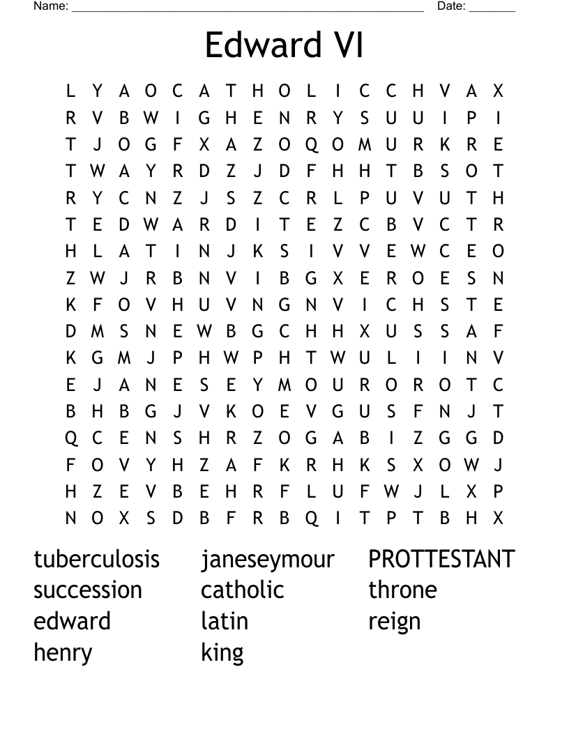 Edward VI Word Search - WordMint