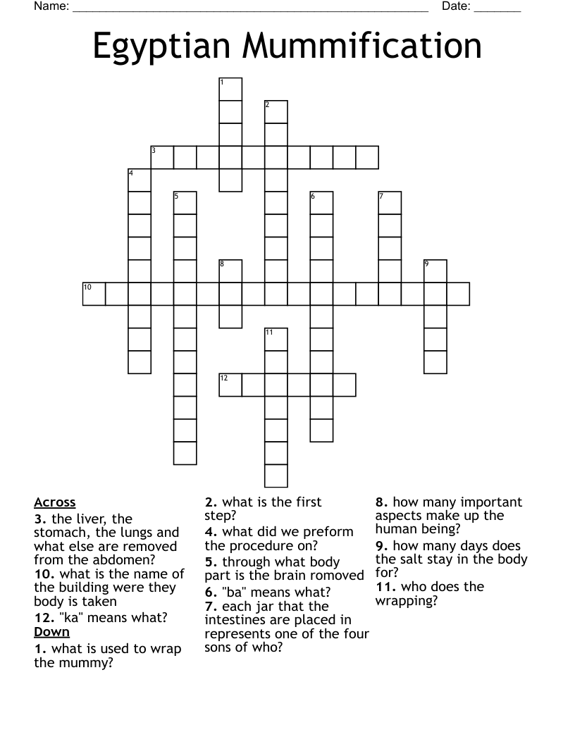 Egyptian Mummification Crossword - WordMint