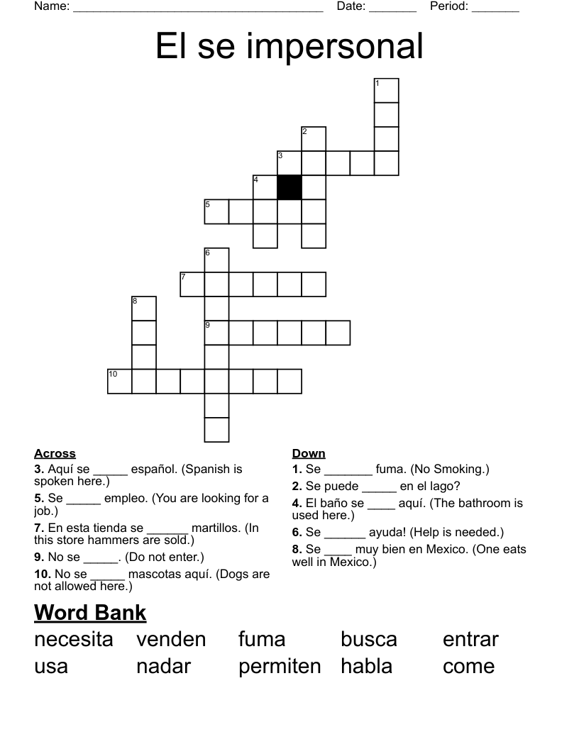 El se impersonal Crossword - WordMint