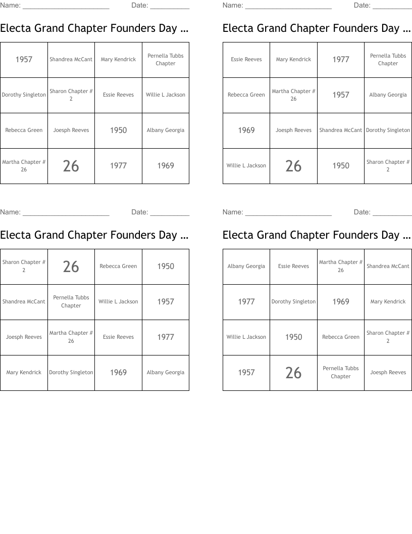 Electa Grand Chapter Founders Day Bingo - WordMint