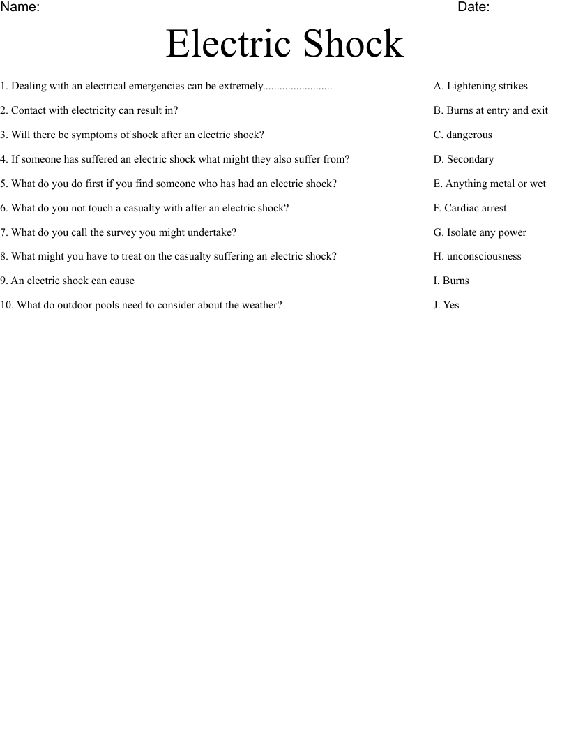 Electric Shock Worksheet - WordMint