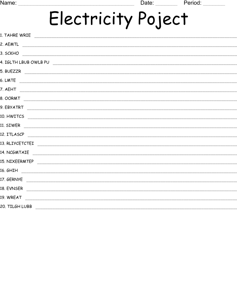 Electricity Poject Word Scramble - WordMint