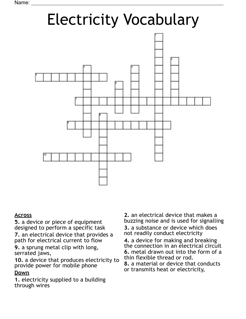 Electricity Vocabulary Crossword - WordMint