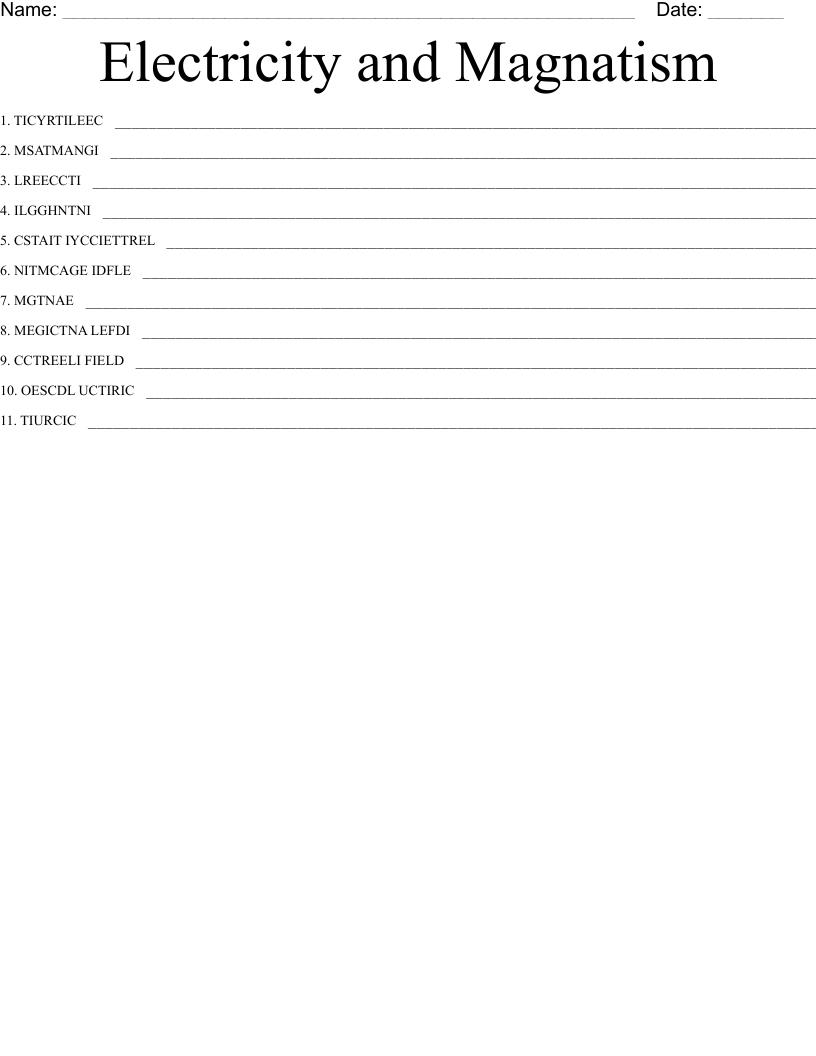 Electricity and Magnatism Word Scramble - WordMint