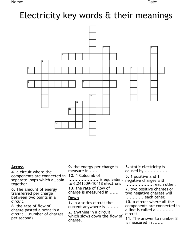 Electricity key words & their meanings Crossword - WordMint