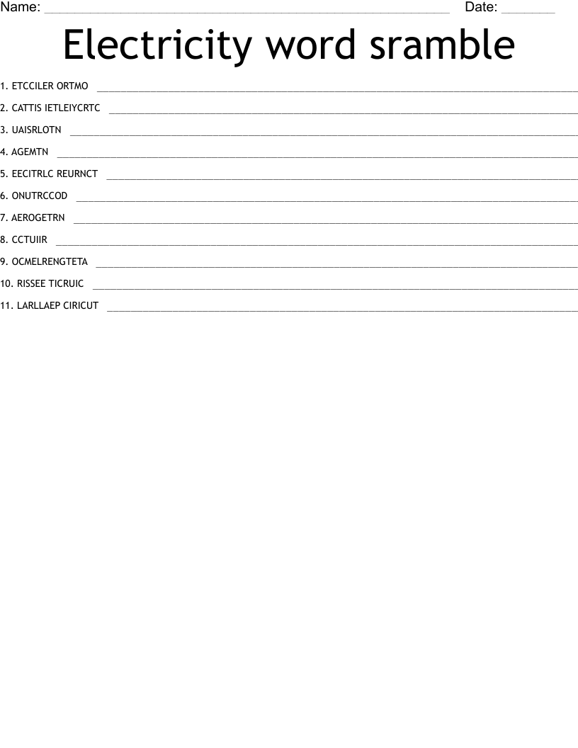 Electricity word sramble Word Scramble - WordMint