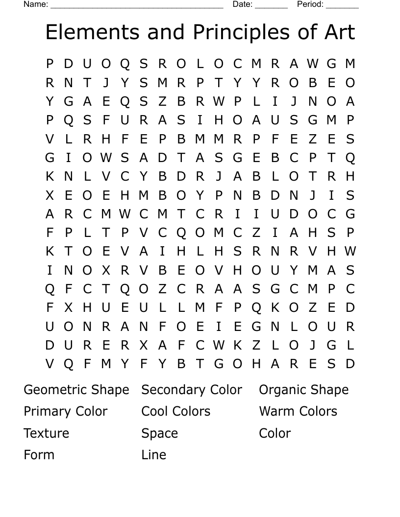 Elements and Principles of Art Word Search - WordMint