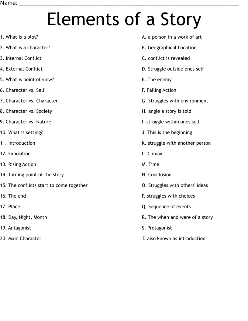 Elements Of A Story Worksheet WordMint