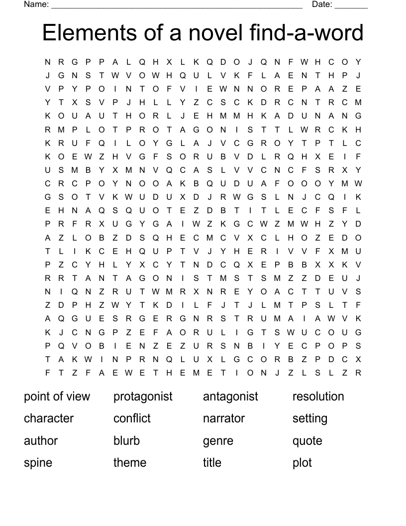 Elements of a novel find-a-word Word Search - WordMint