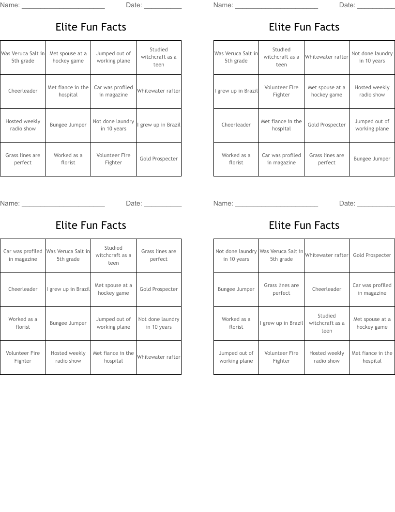 Elite Fun Facts Bingo Cards - WordMint