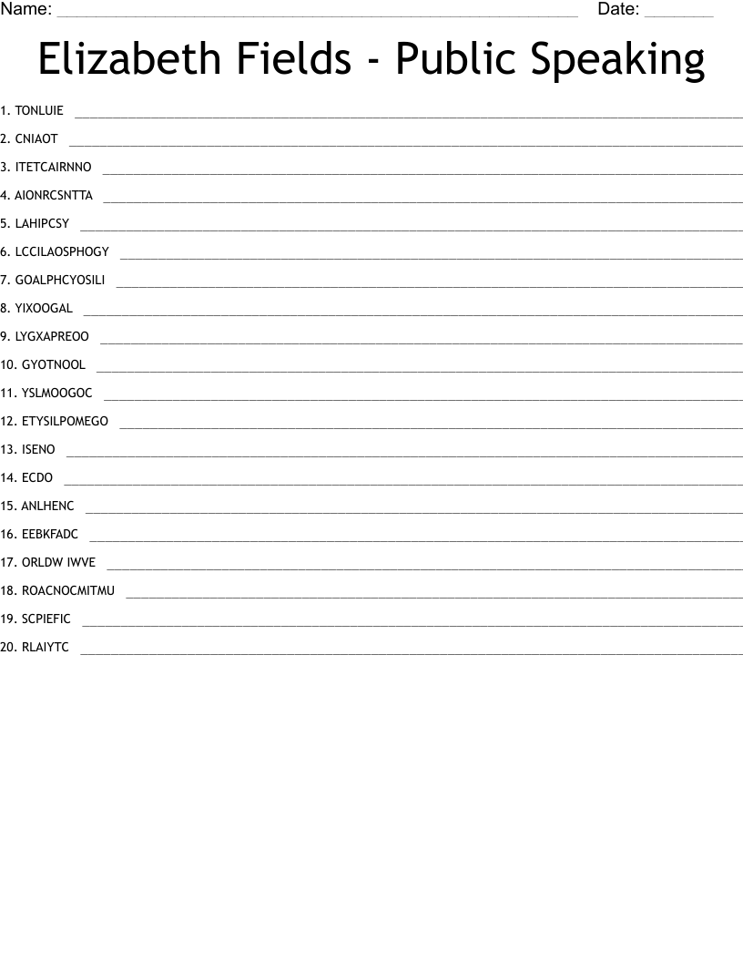 Elizabeth Fields - Public Speaking Word Scramble - WordMint