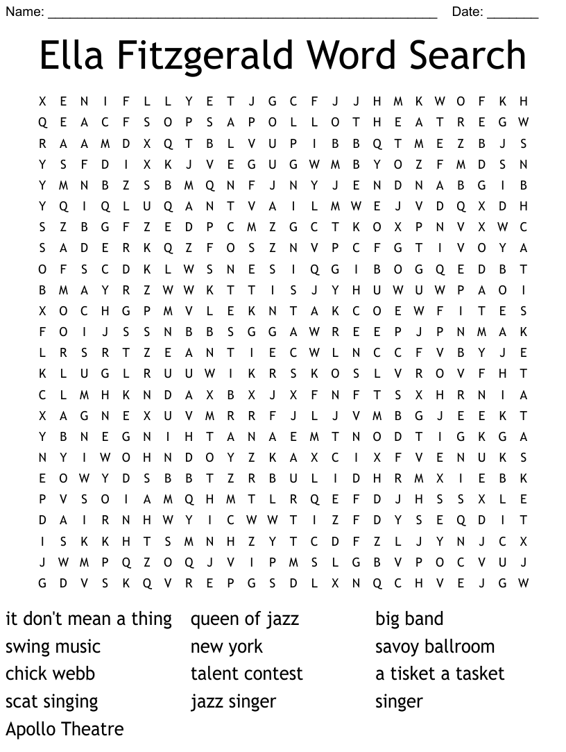 Ella Fitzgerald Word Search - WordMint