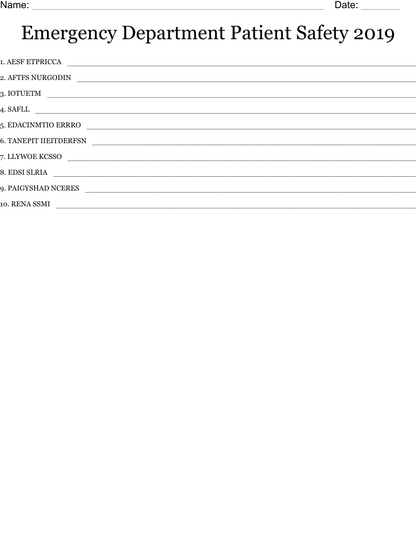 Emergency Department Patient Safety 2019 Word Scramble - WordMint