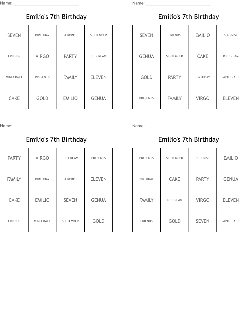 Emilio's 7th Birthday Bingo Cards - WordMint