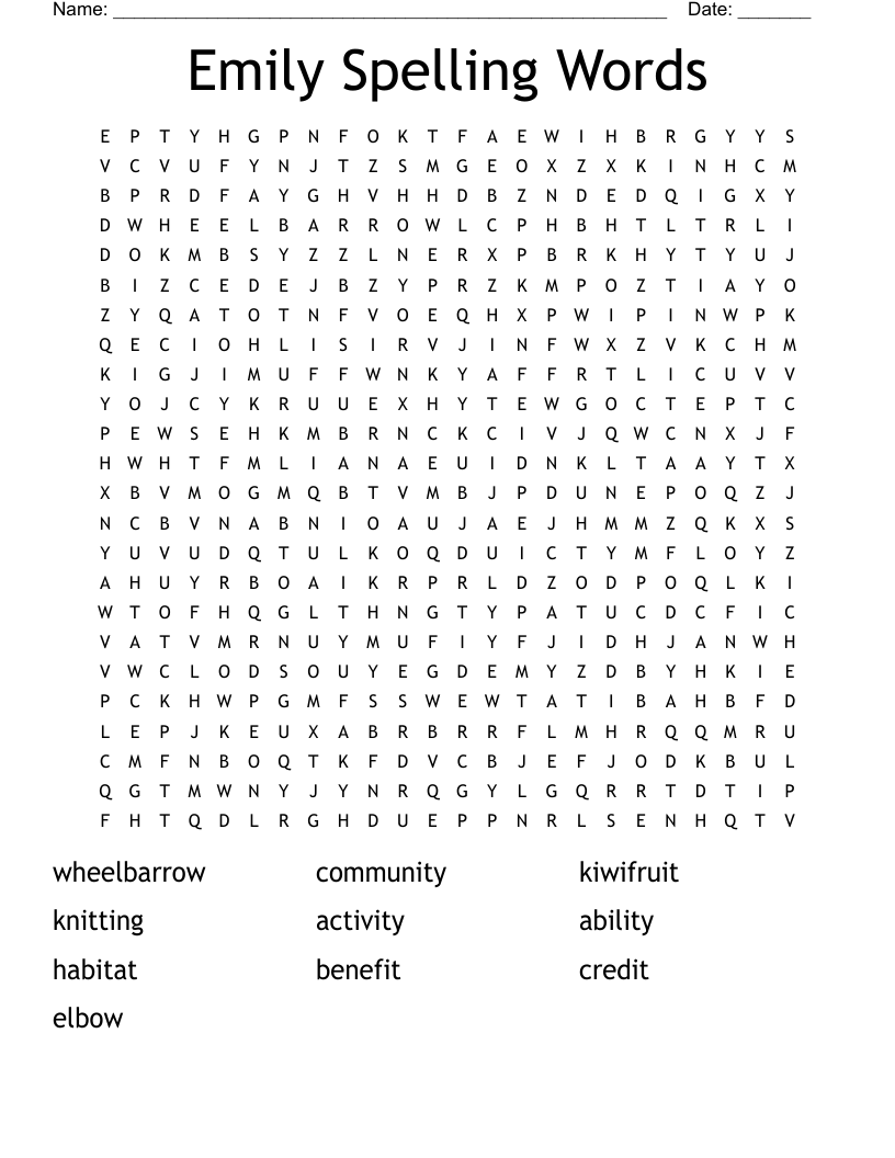 Emily Spelling Words Word Search - WordMint