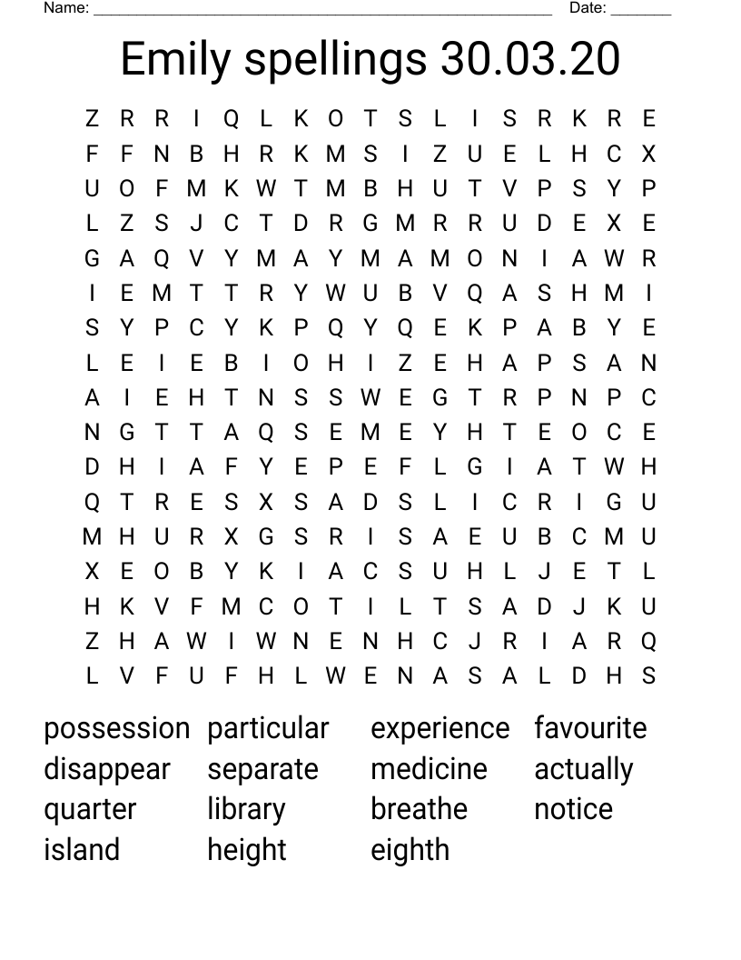 Emily spellings 30.03.20 Word Search - WordMint