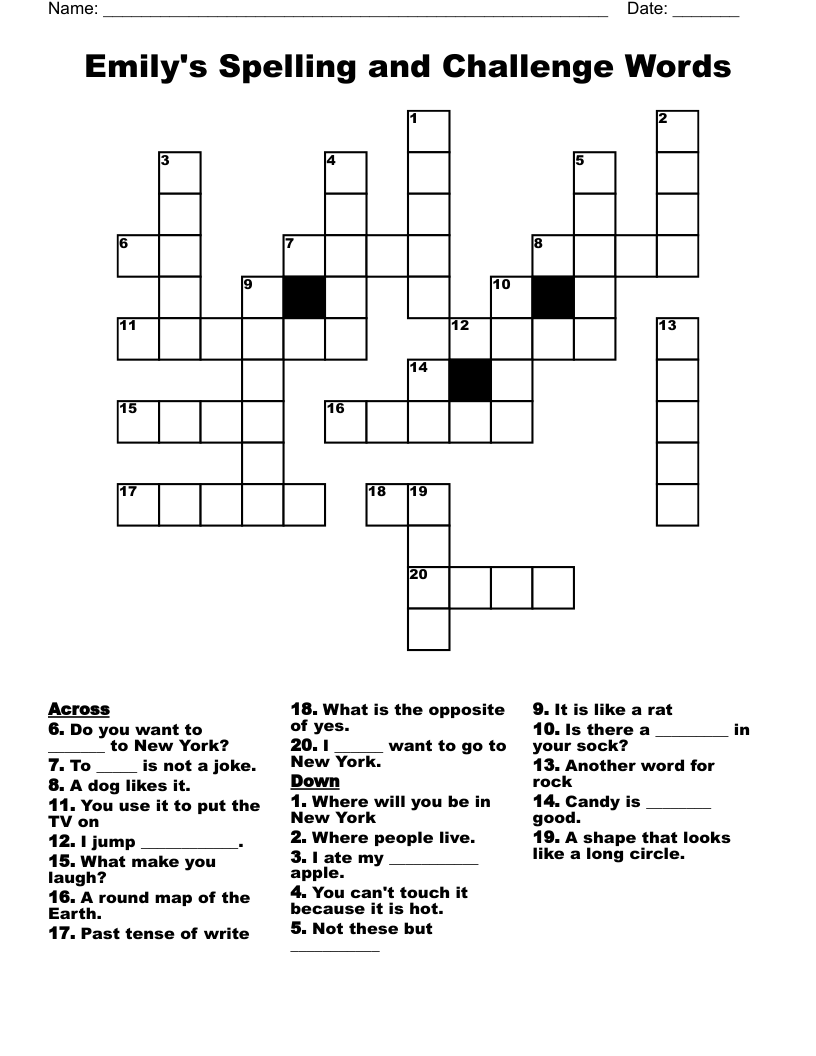 Emily's Spelling and Challenge Words Crossword - WordMint