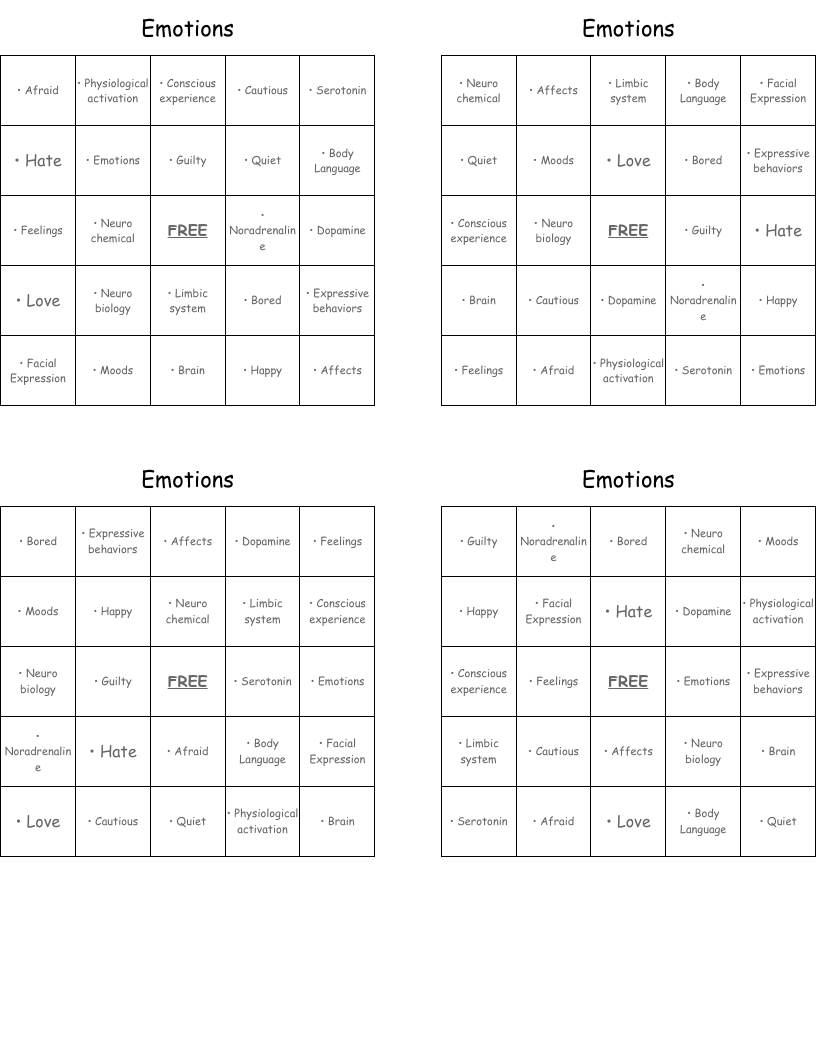 Emotions Bingo Cards - WordMint