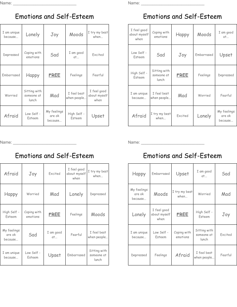 Emotions and Self-Esteem Bingo Cards - WordMint