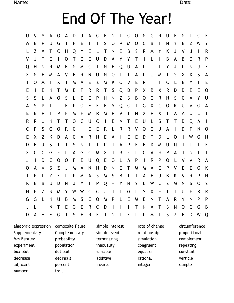 End Of The Year Word Search WordMint