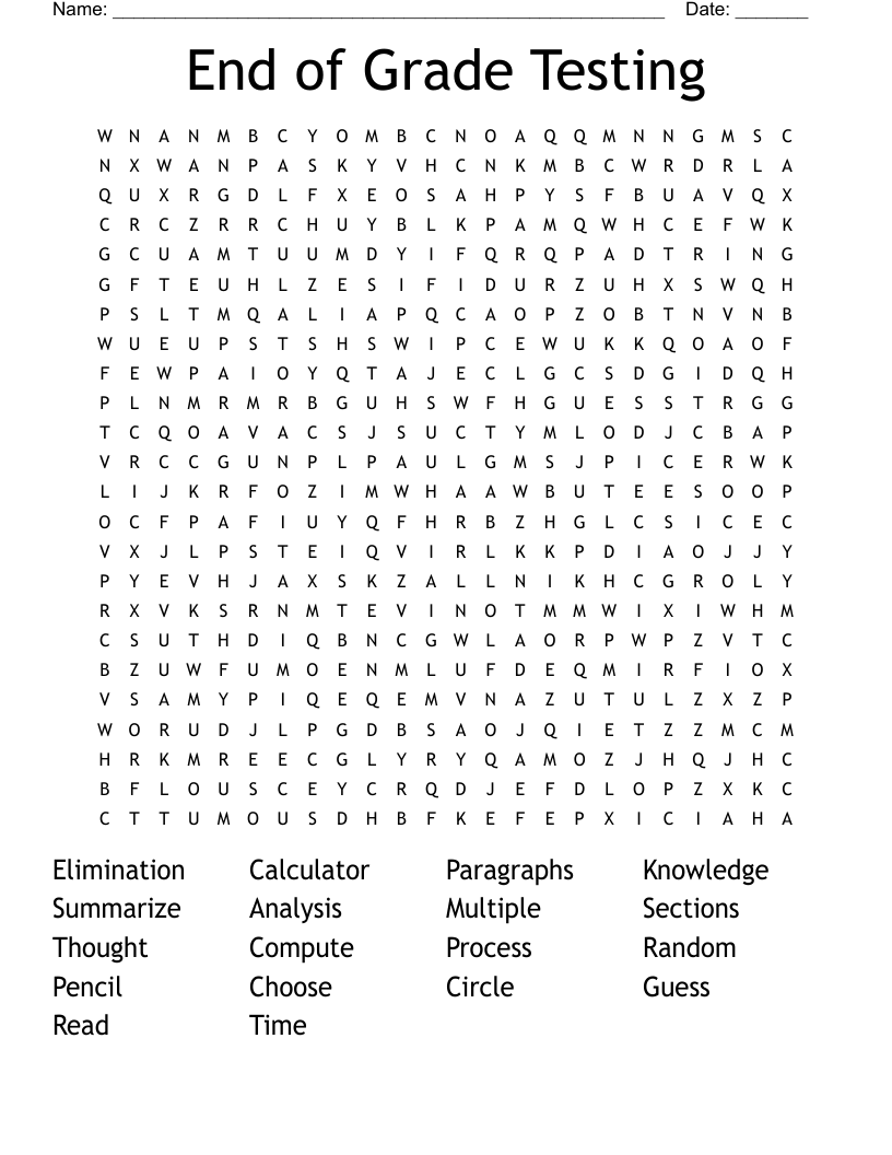 End of Grade Testing Word Search - WordMint