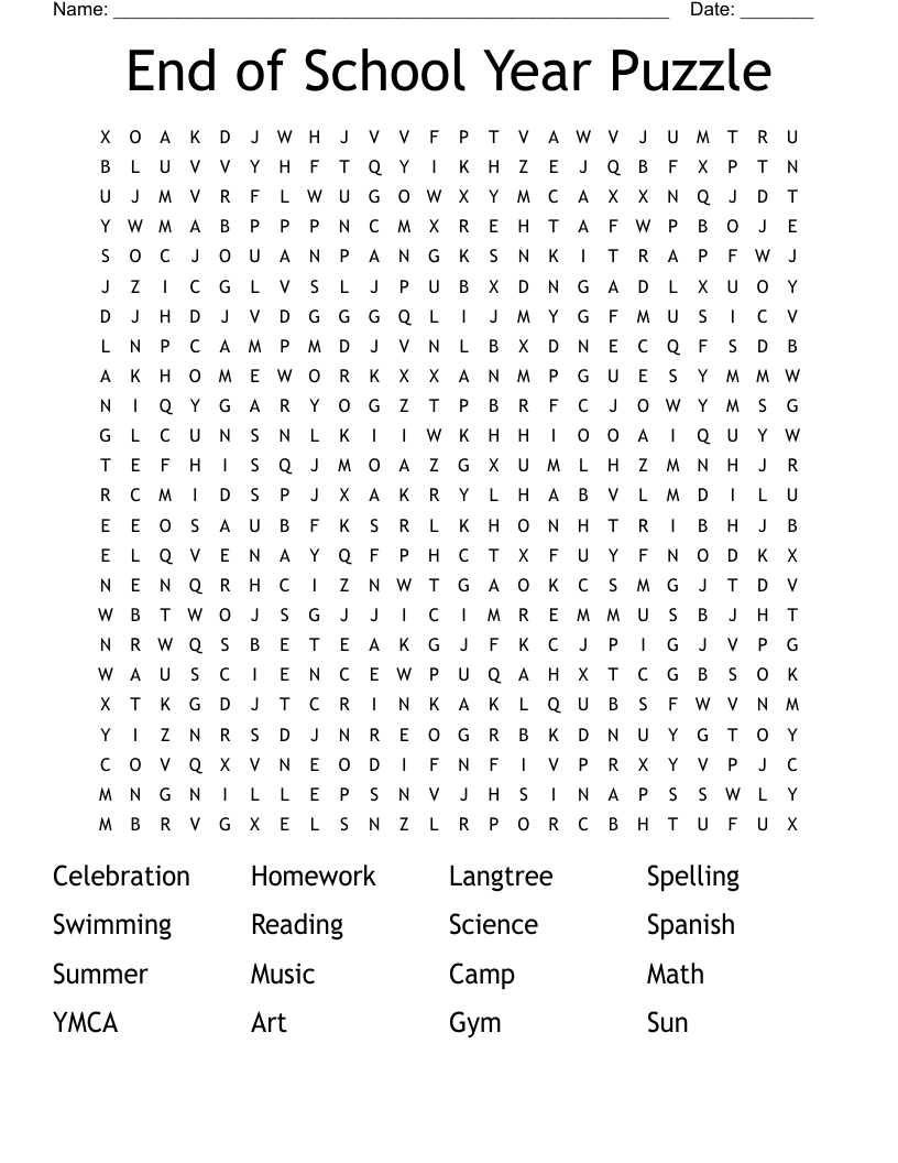 End Of School Year Puzzle Word Search WordMint