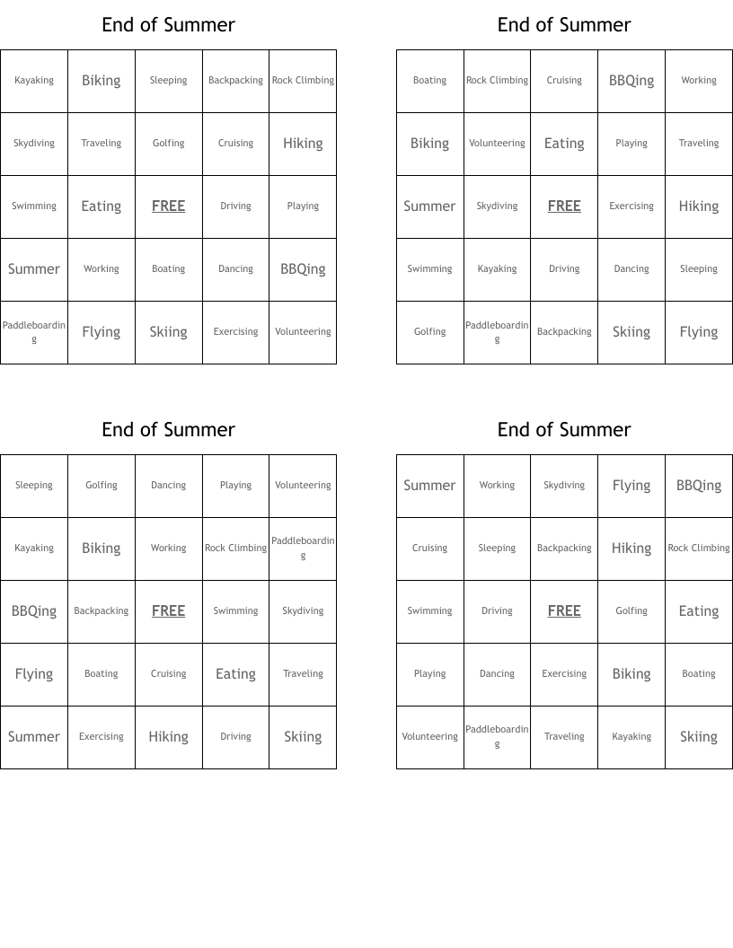 End of Summer Bingo Cards - WordMint