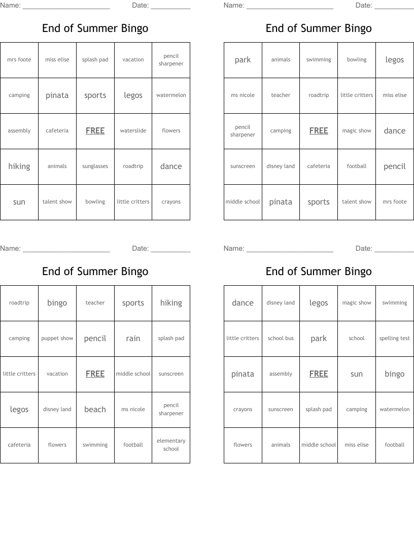 End of Summer Bingo - WordMint