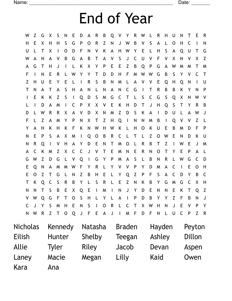 End Of Year Word Search WordMint