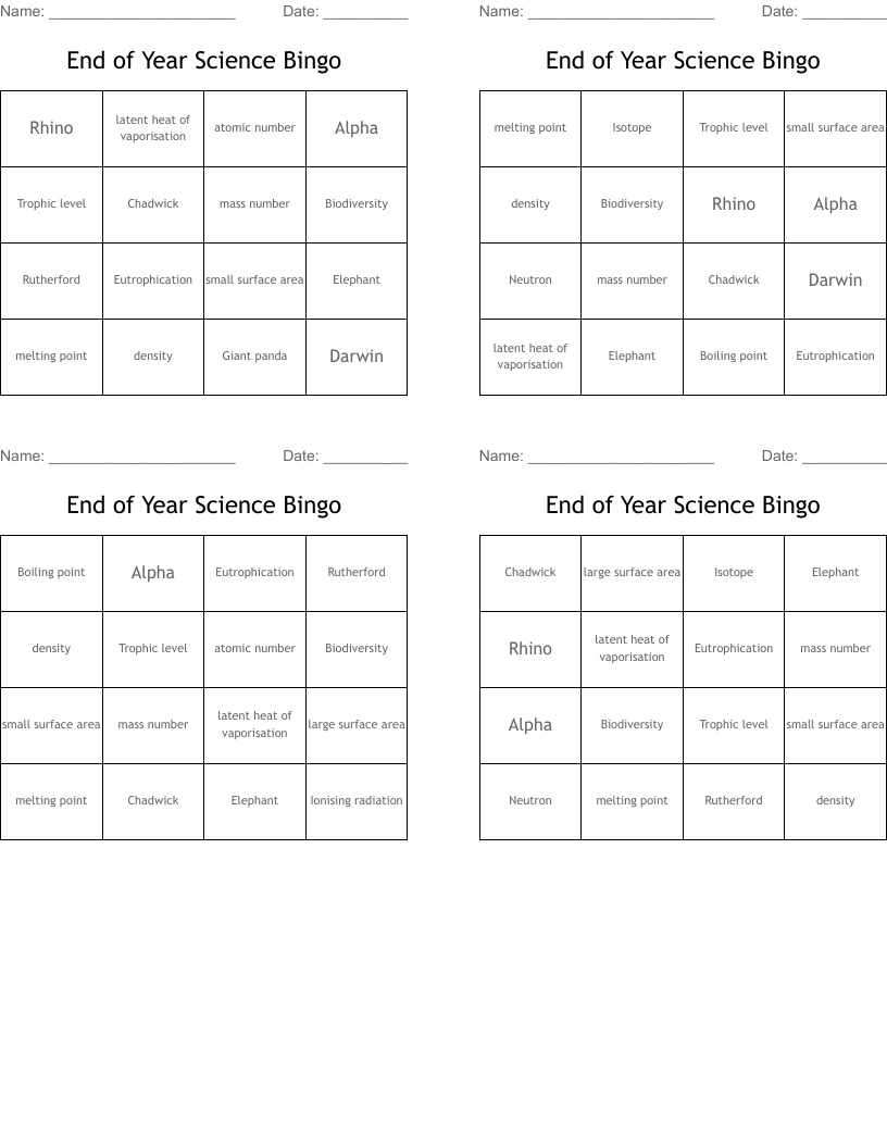 End of Year Science Bingo - WordMint