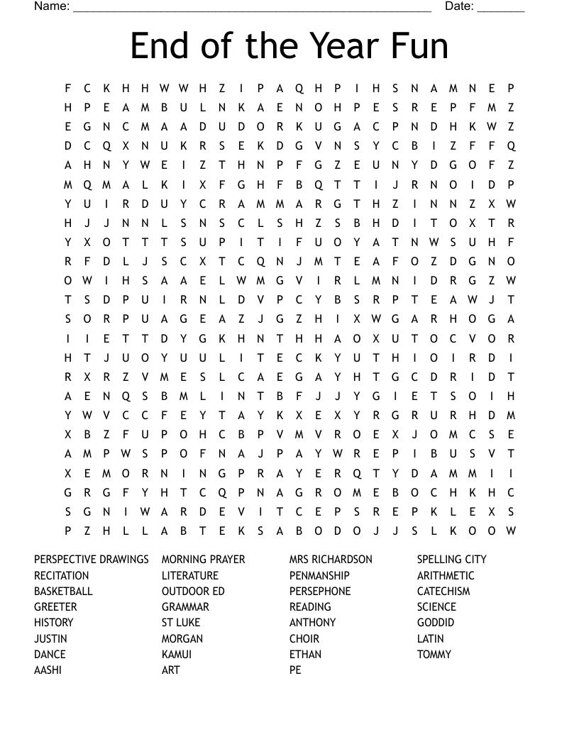 End of the Year Fun Word Search - WordMint