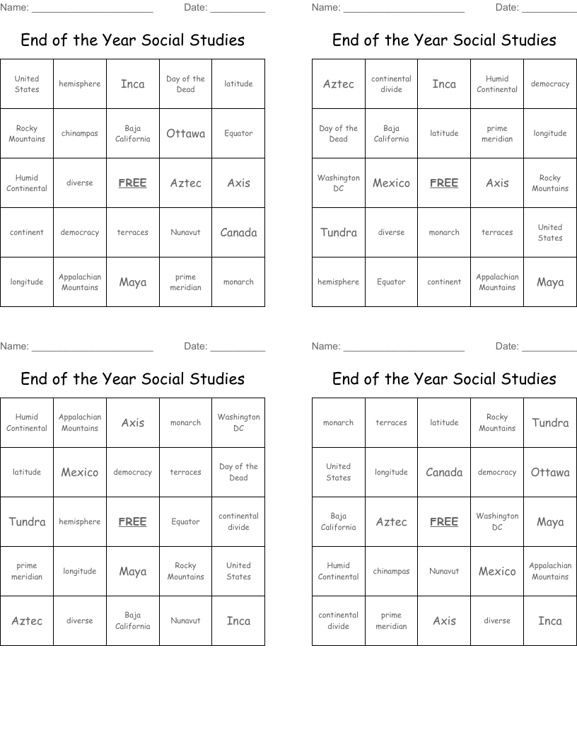 End of the Year Social Studies Bingo Cards - WordMint
