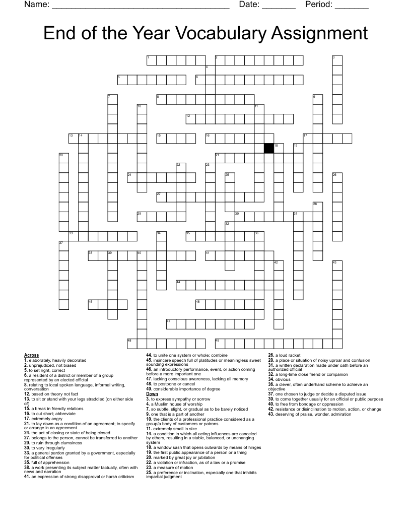 End Of The Year Vocabulary Assignment Crossword WordMint