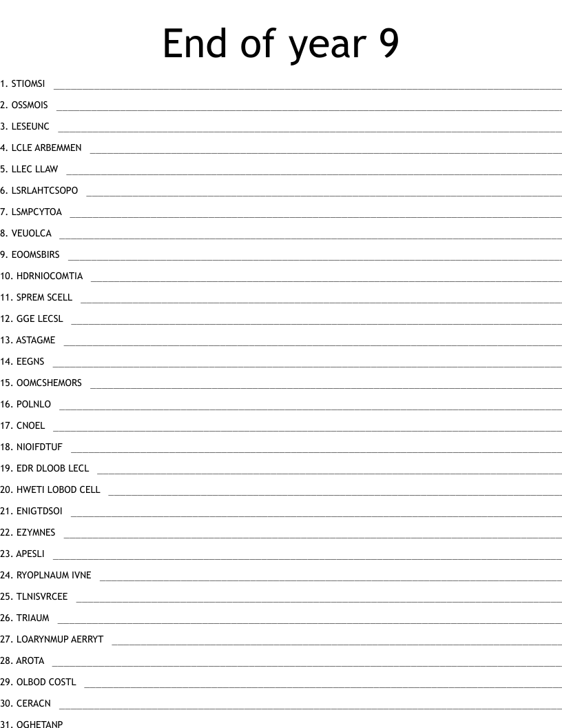 End of year 9 Word Scramble - WordMint
