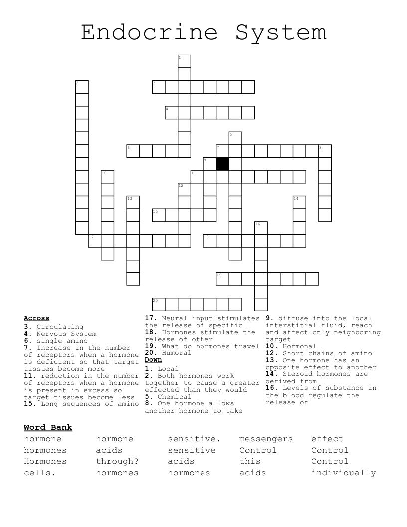 Endocrine System Crossword - WordMint