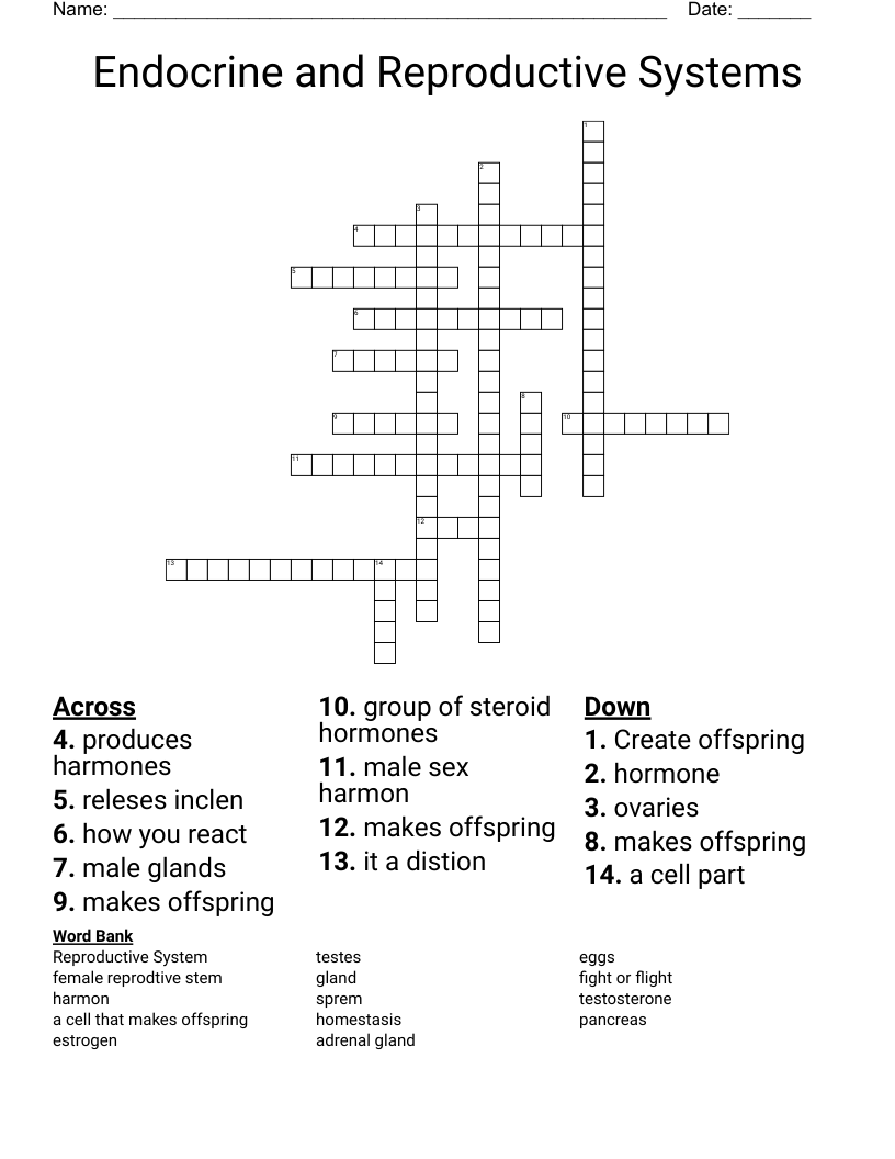Endocrine and Reproductive Systems Crossword - WordMint
