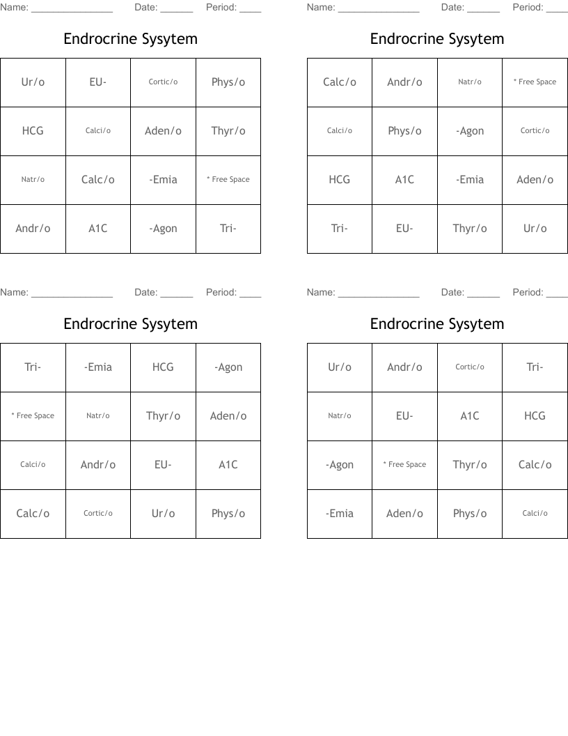 Endrocrine Sysytem Bingo Cards - WordMint